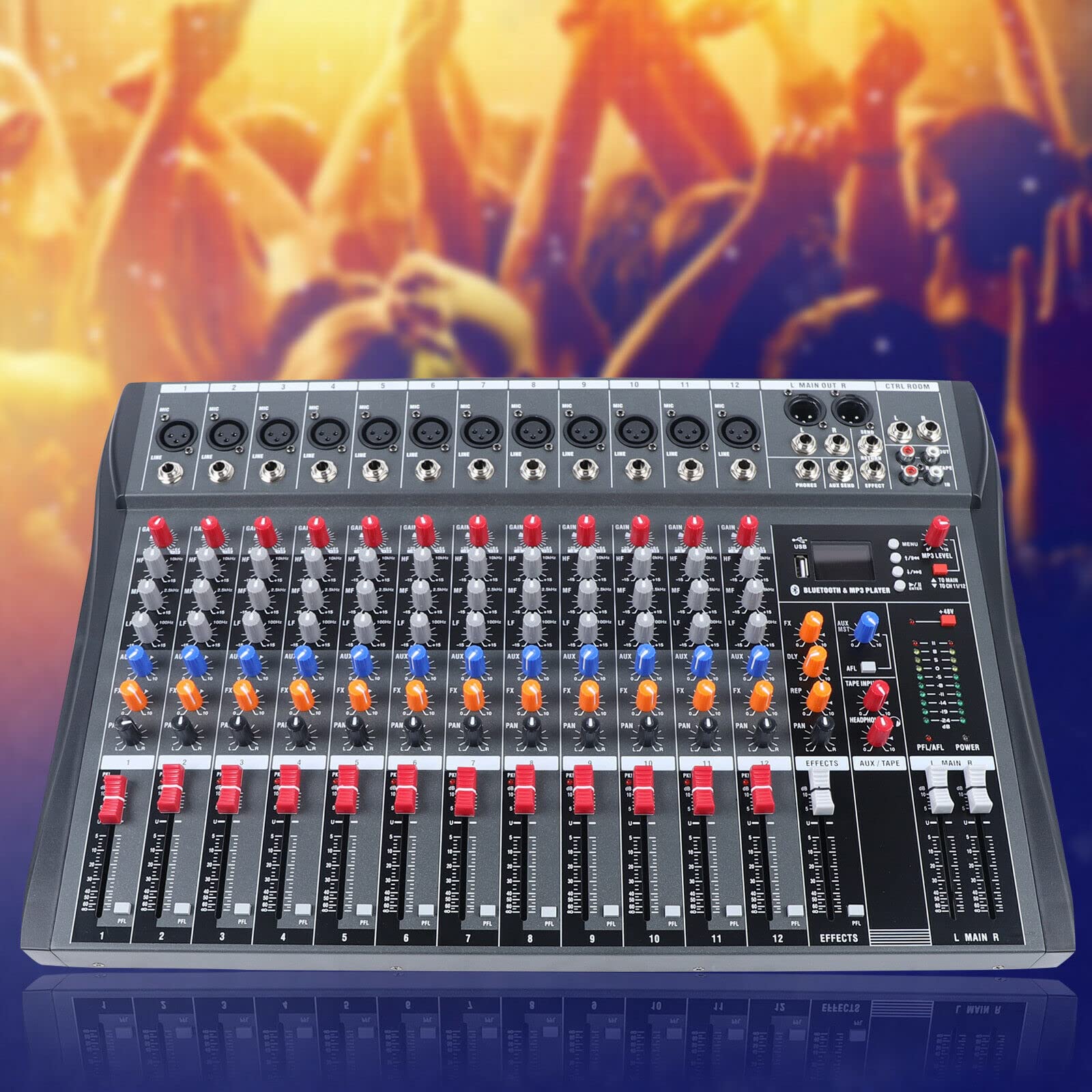 Professional Audio Mixer Sound Board Console,12 Channel Studio Audio Mixer,Bluetooth USB Live Studio Audio Mixing Power Mixing Amplifier Studio Audio DJ KTV Mixing Console USB Slot