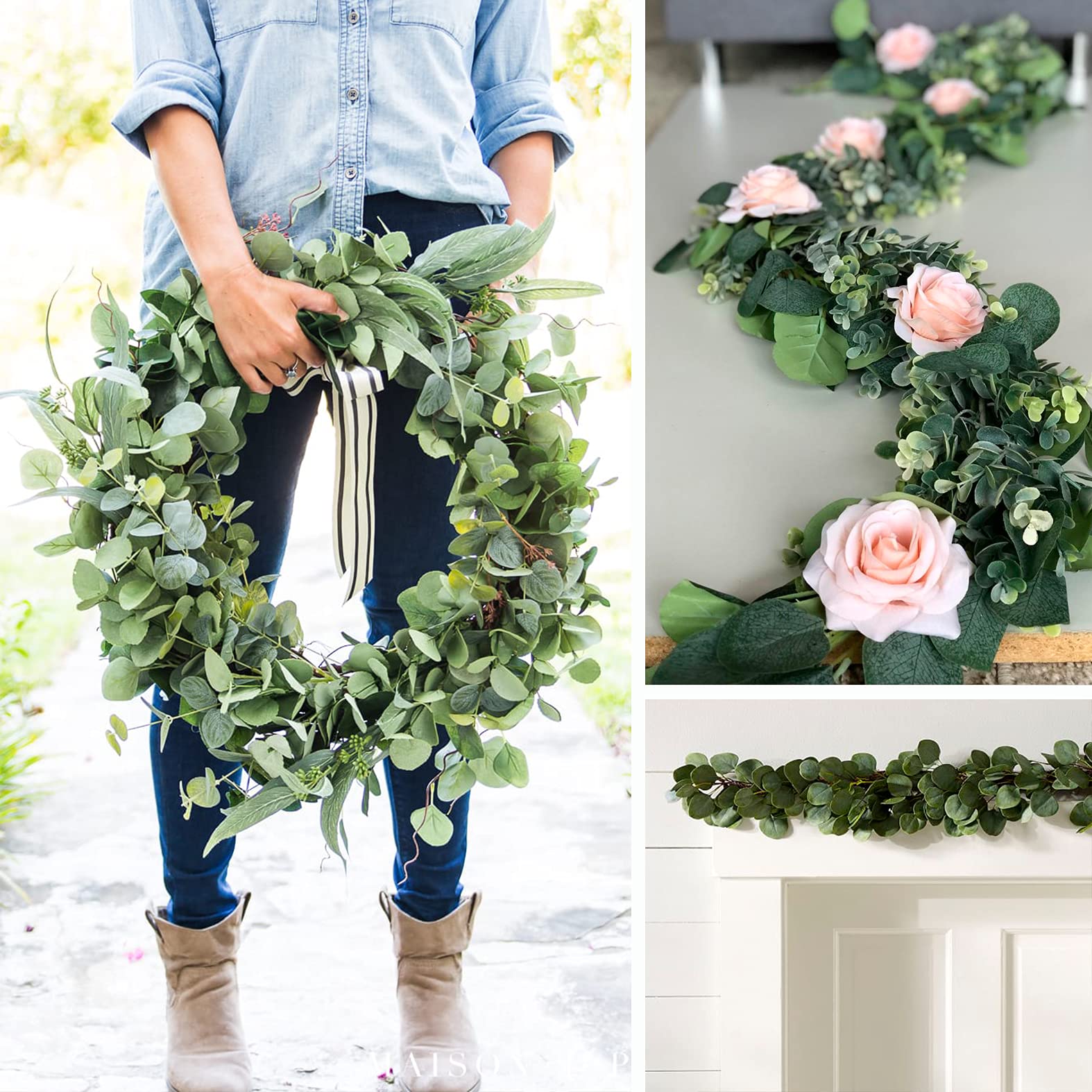 ROXXY GREEN DECOR - Artificial Eucalyptus Garland (7pcs 42Ft) - Greenery Bulk Vines Faux Silver Dollar Eucalyptus Leaves Strands for Wedding, Party, Garden, Home and Wall Decoration