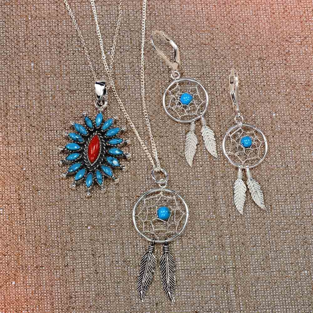 Blue Turquoise Western Jewelry Native American Indian Dream Catcher Feather Dangle Earrings For Women Teen .925 Sterling Silver