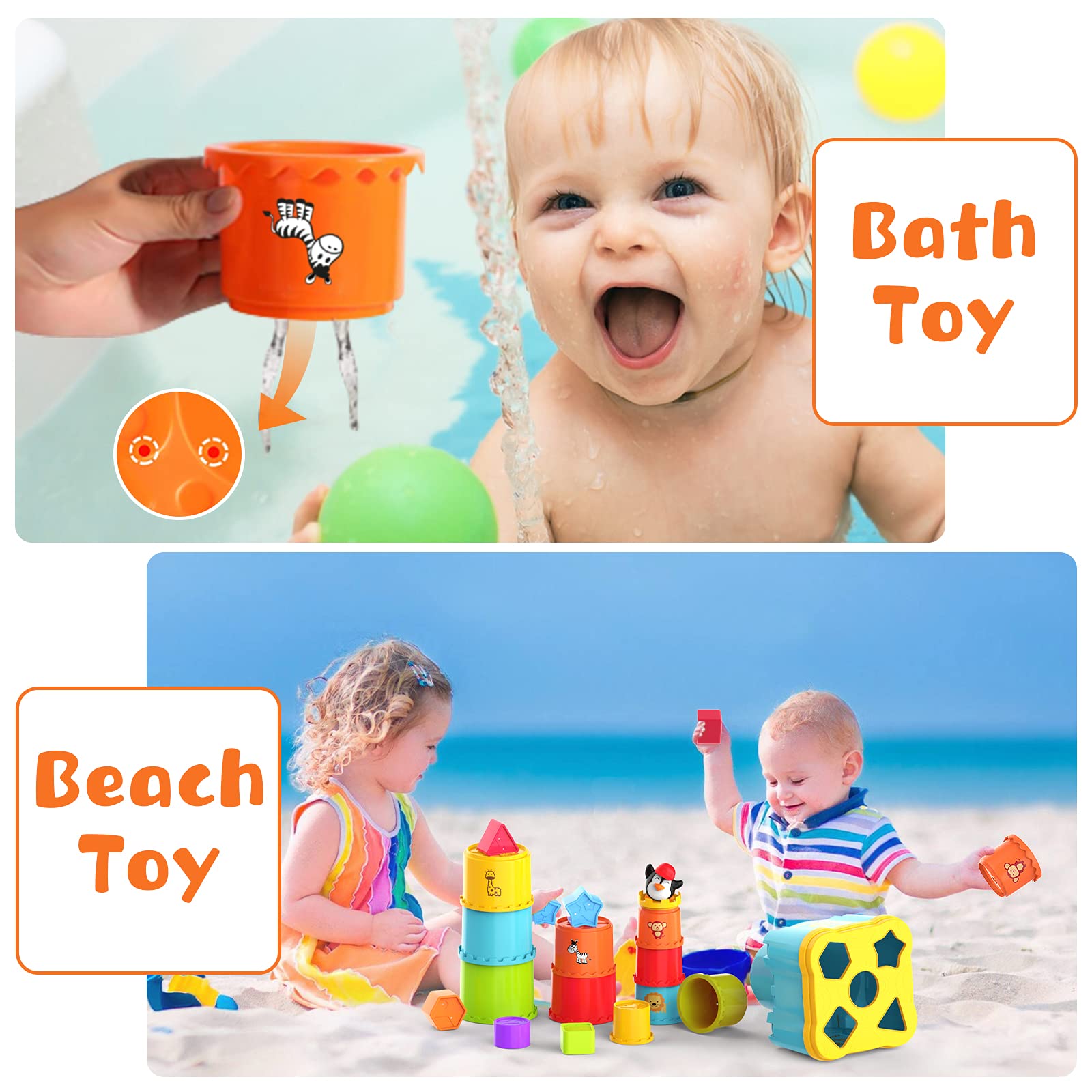 MOONTOY Stacking Cups Baby Toy Set, 19pcs Baby Stacking Toys for Toddlers 1-3, Shape Sorter Stackable Blocks Games Nesting Sorting Toys 6-12 Months 1 Year Old Christmas Stocking Stuffers Birthday Gift