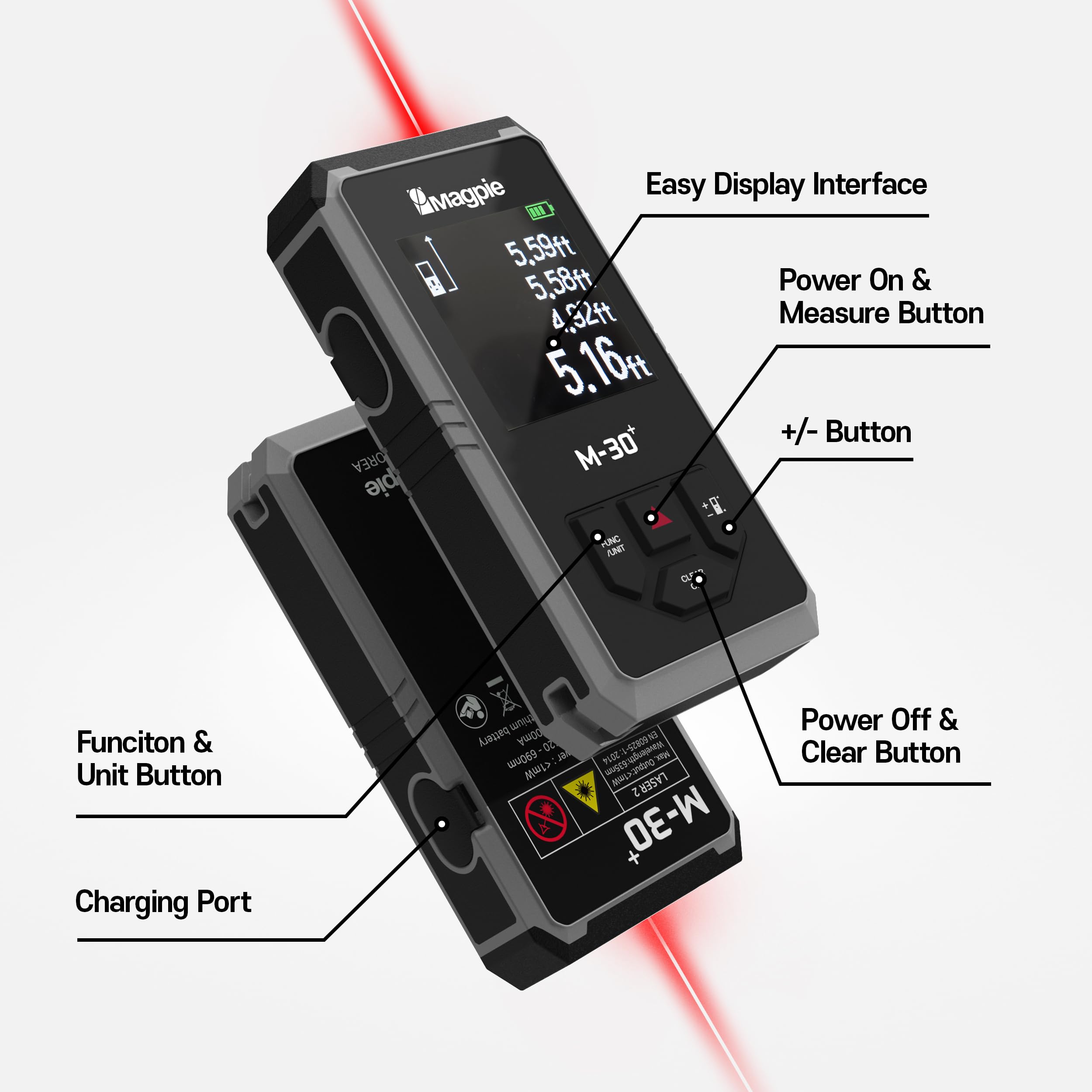 Compact Laser Measurement Tool, MAGPIE M-30+ 98ft/30m Small Laser Distance Meter, Rechargeable Laser Measure for Fast, Precise Results (Space Gray)