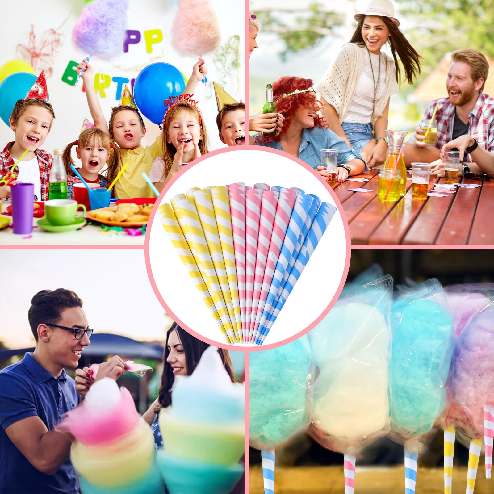 Cotton Candy Cones 60PCS, Multicolor Cotton Candy Paper Cones for Cotton Candy Making, Candy Making Supplies, Colorful Sticks for Birthday,Parties,Festivals (Blue/Pink/Yellow)