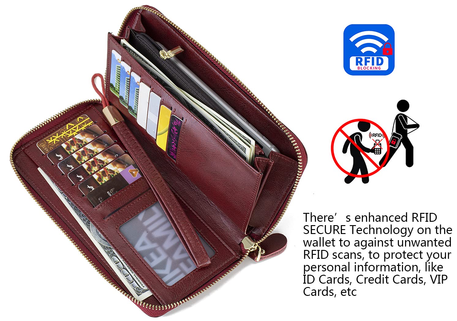 ORIREAL Wallets for Women RFID Blocking Leather Clutch Purse Zip Around Card Holder (Red), 8.07L x 4.13W x 0.98T