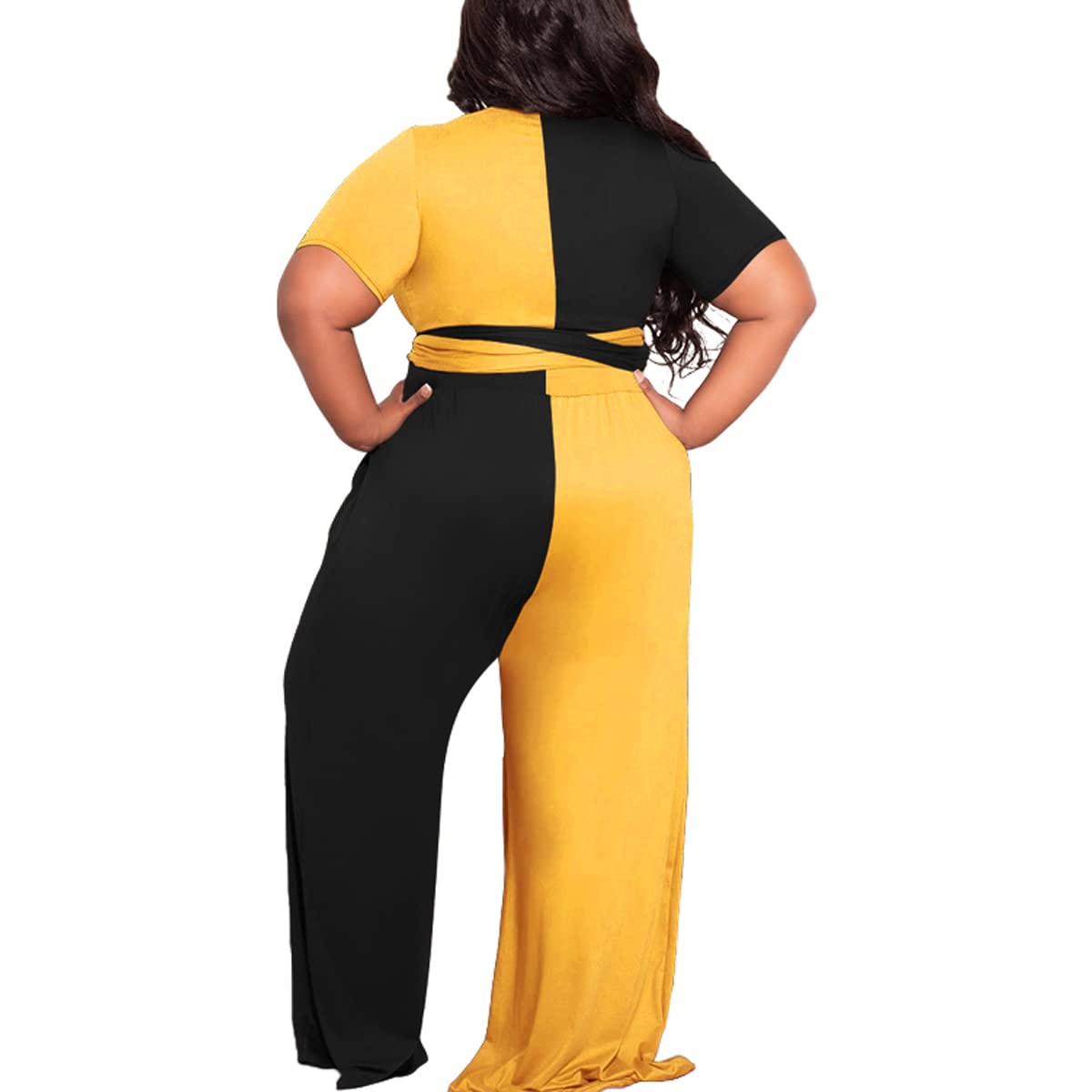 Brimisal Women Tracksuit Plus Size 2 Piece Outfits Short Sleeve Color Block splicing Drawstring Top Wide Leg Pants Sets