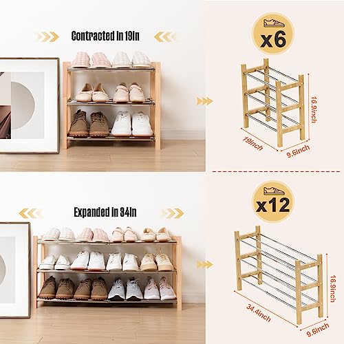 NUDUKO Expandable Shoe Rack Storage Organizer - Adjustable 3 Tier Small Shoe Rack Heavy Duty Free Wood and Metal Standing Shoe Shelf for Closet Bedroom Entryway (Natural)