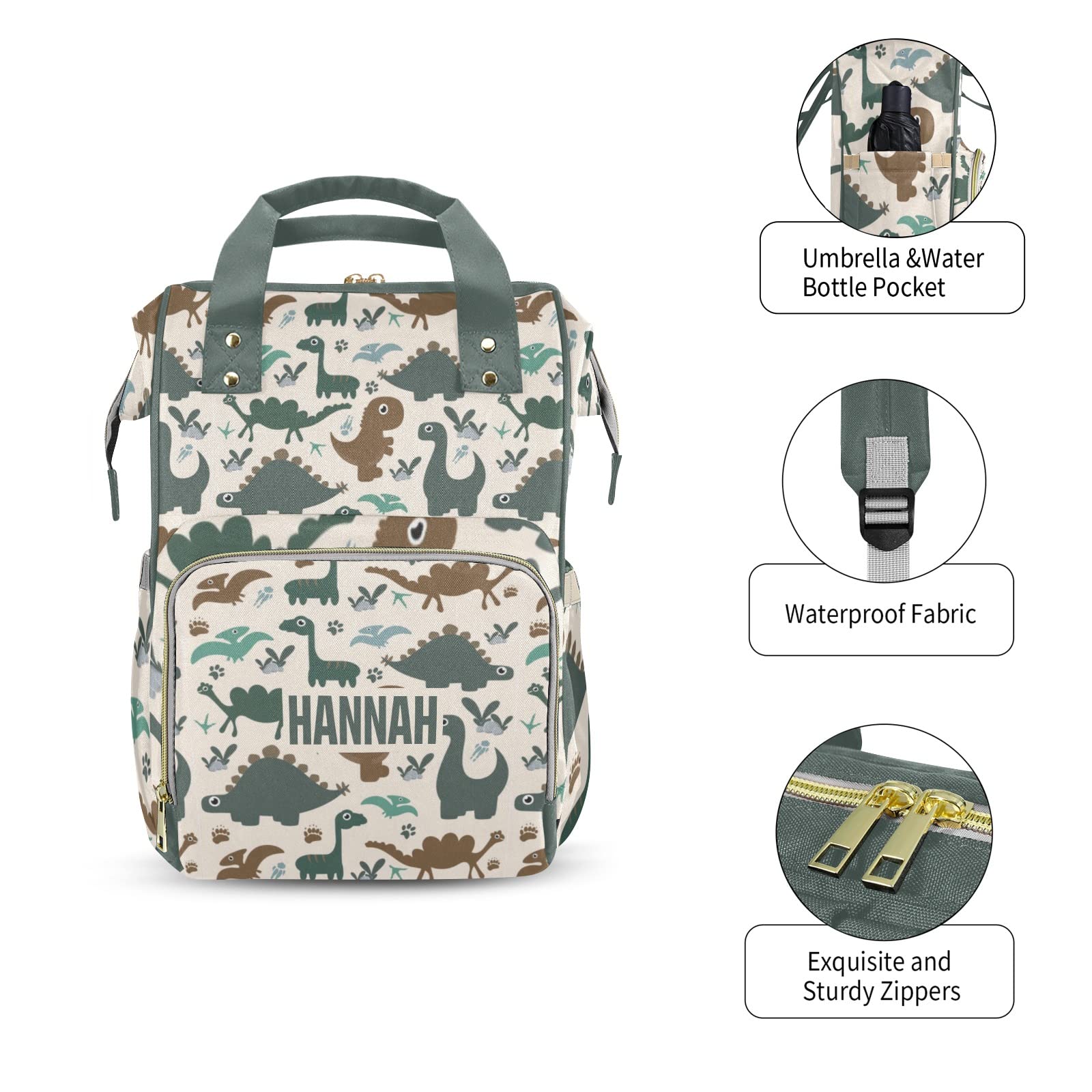 CustomLife Green Dinosaur Multi-Function Personalized Diaper Bag Backpack Tote with Name Travel Shoulder Casual Daypack Waterproof, 18.1''(H) x 10.83''(L) x 6.69''(W)
