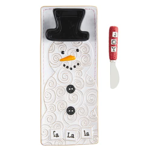 Mud Pie Stoneware Christmas Serving Tray with Dip Cup and Spreader Set, Snowman