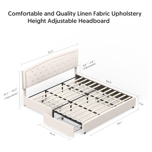 BONSOIR King Size Storage Bed Frame Upholstered Low Profile Traditional Platform with Tufted and Nail Headboard/No Box Spring Needed/4 Pull Out Drawers/ (Sand, King Size) (Cream, King Size)