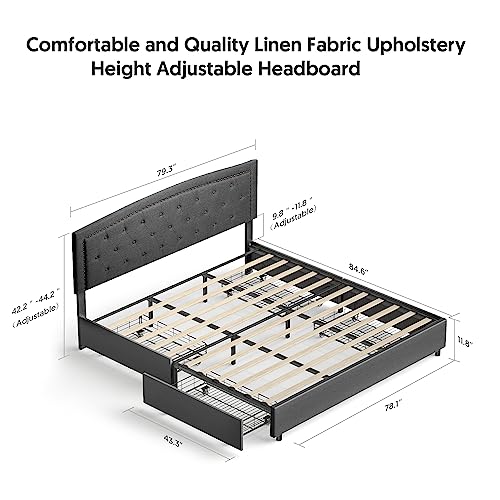 BONSOIR King Size Dark Grey Storage Bed Frame Upholstered Low Profile Traditional Platform with Tufted and Nail Headboard