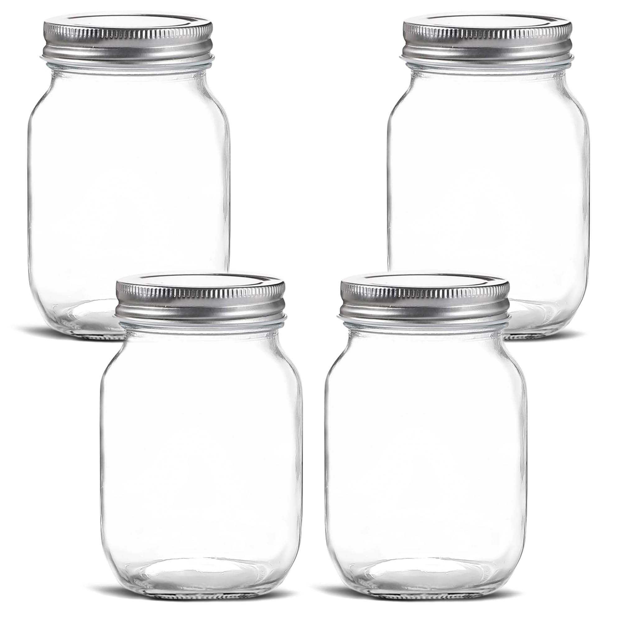 Glass Regular Mouth Mason Jars, 16 oz Clear Glass Jars with Silver Metal Lids for Sealing, Canning Jars for Food Storage, Overnight Oats, Dry Food, Snacks, Candies, DIY Projects (4 PACK)