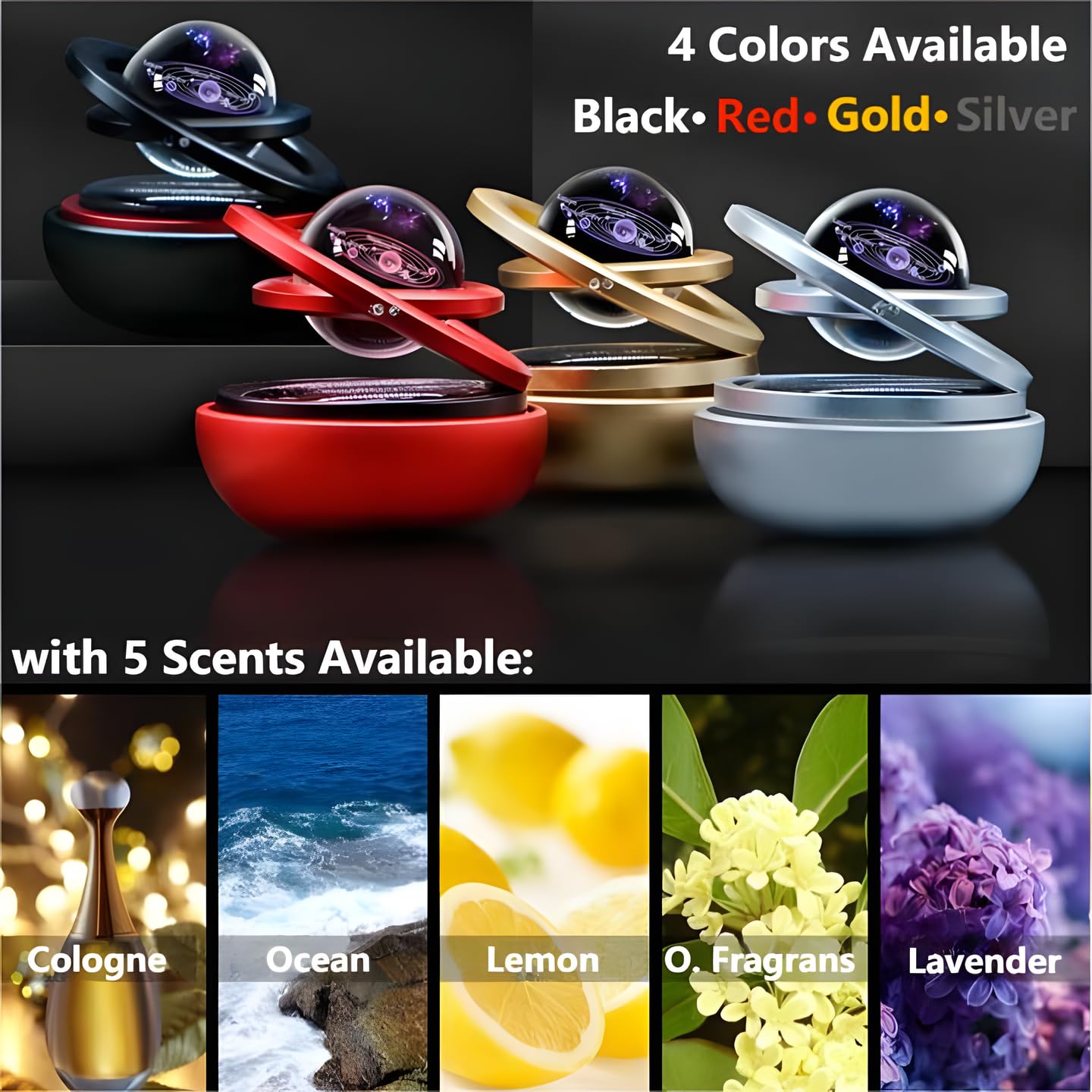 Bontand Interstellar Crystal Ball Car Air Freshener Solar Energy Double Ring Rotating Fragrance Gift Car Perfume Decoration (Silver)