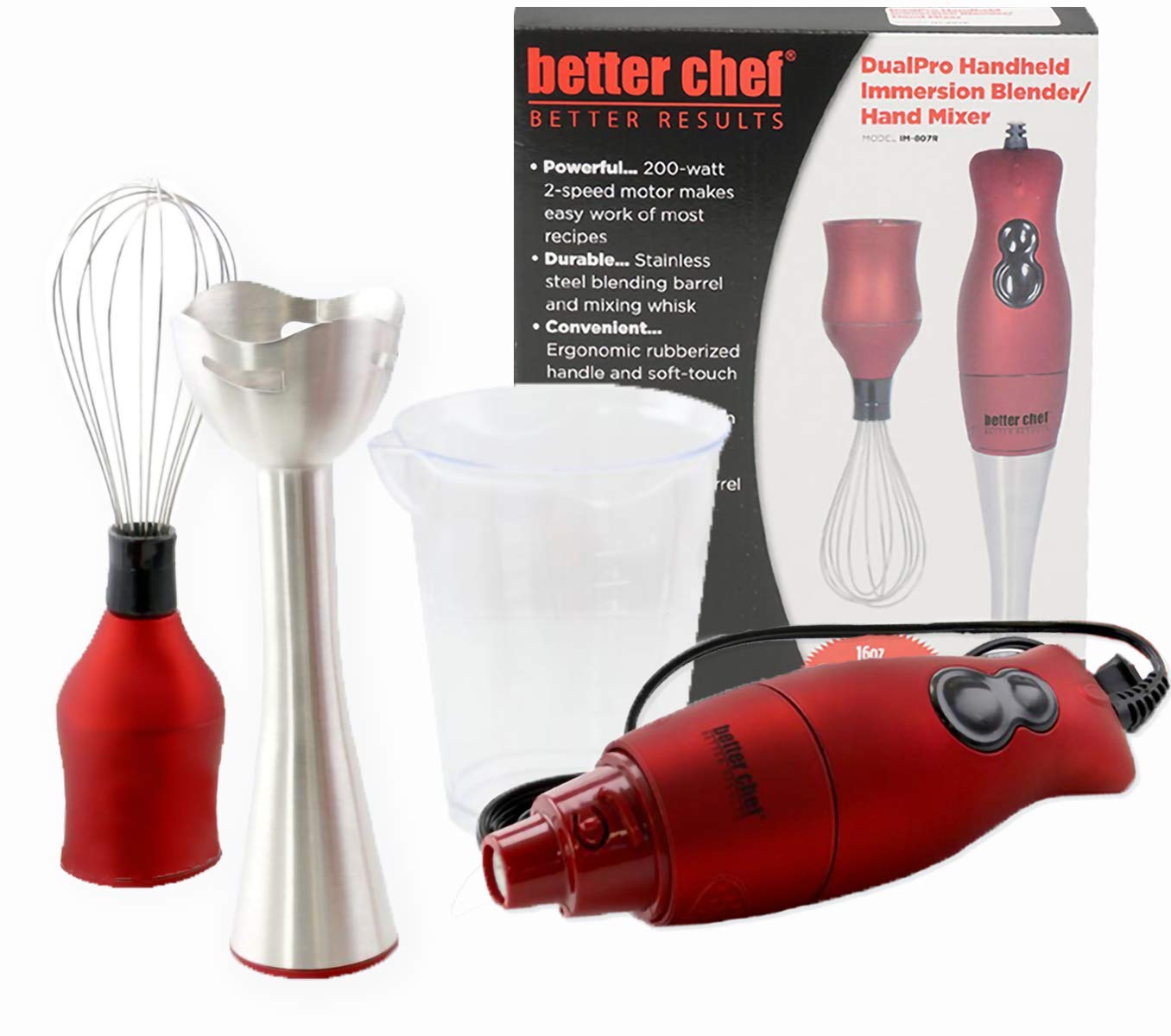 Better Chef Immersion Blender with Whisk Attachment | 2-Speed 200-Watt Motor | Stainless Blending & Whisk Attachment | Rubberized Grip | Measuring Cup (Red)