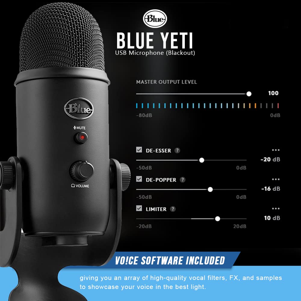 Blue Yeti USB Microphone (Blackout) with Pro Studio Monitoring Headphones and Mic Boom Arm Platinum Accessory Pack
