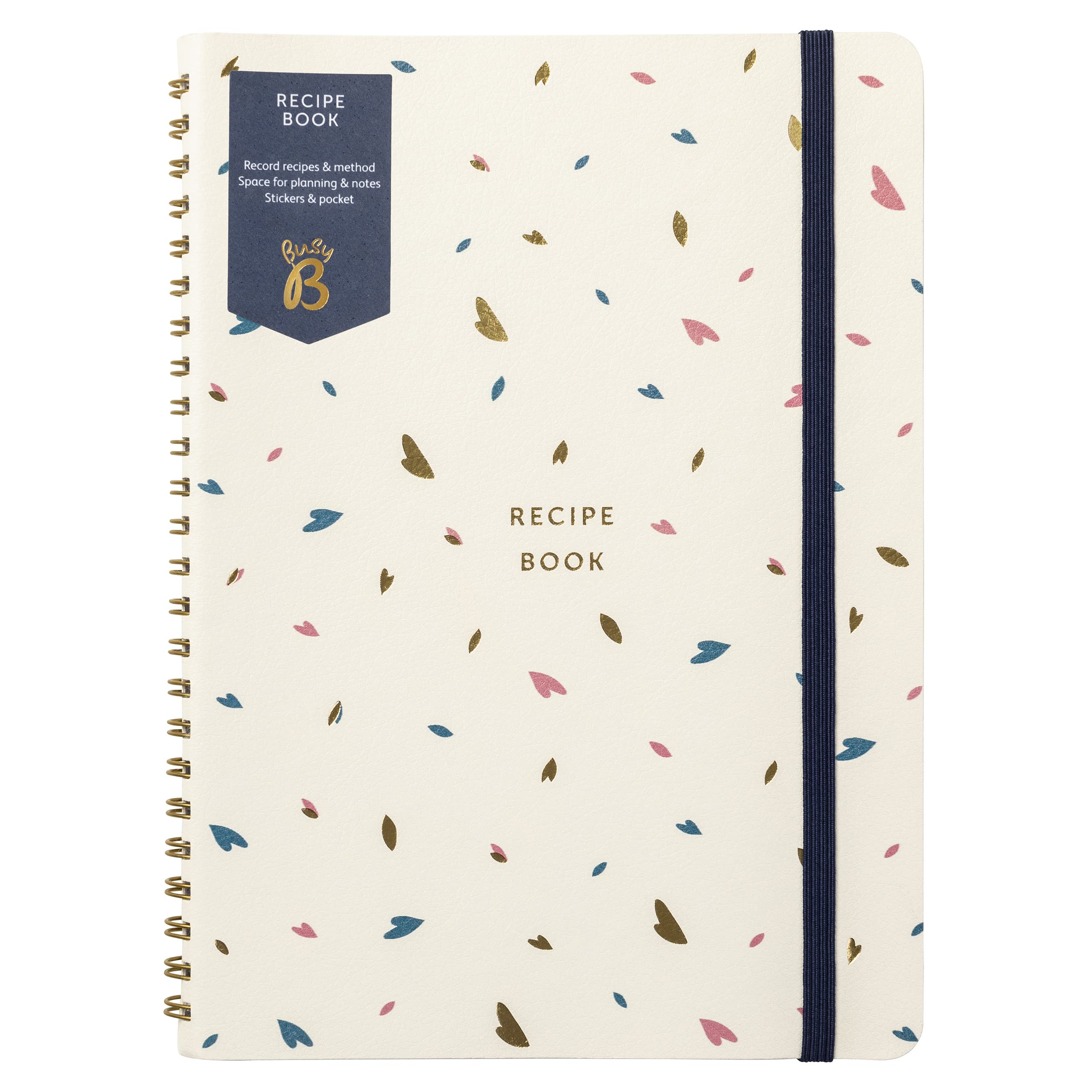 BusyB Recipe Book with Blank Recipe Cards, Storage Pocket and Stickers - Cream