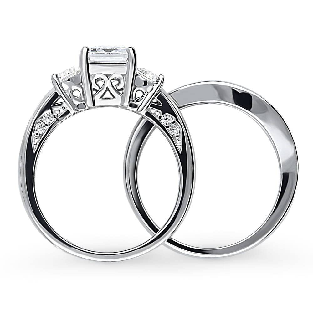BERRICLE Sterling Silver 3-Stone Wedding Engagement Rings Emerald Cut Cubic Zirconia CZ Ring Set for Women, Rhodium Plated Size 6