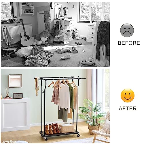 Hoctieon Heavy Duty Double Rod Clothing Racks for Hanging Clothes,Extensible Garment Rack With Wheels,Clothes Rack with Wooden Bottom Shelves