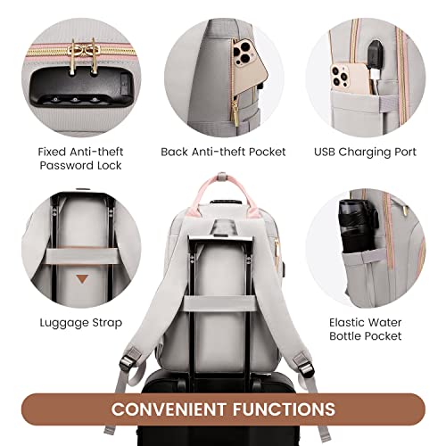 LOVEVOOK Laptop Backpack for Women, Large Capacity Travel Anti-Theft Bag Business Work Computer Backpacks Purse, Casual Hiking Daypack, 15.6 Inch, Light Grey-Pink