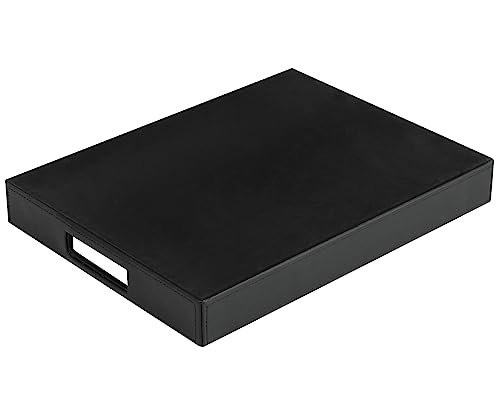 HofferRuffer Rectangle Serving Tray with Hole Handles for Coffee Table, Breakfast, Tea, Food, Butler - Countertop, Kitchen, Vanity Serve Tray, 16.2 x 12.2 x 2 inches, Faux Leather Tray (Black)