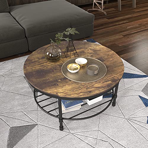 Gezen 2-Tier Round Coffee Table, Industrial Coffee Table for Living Room, Wooden Tabletop Rustic Steel Accent Table with Storage Open Shelf- Metal Frame - Retro Brown