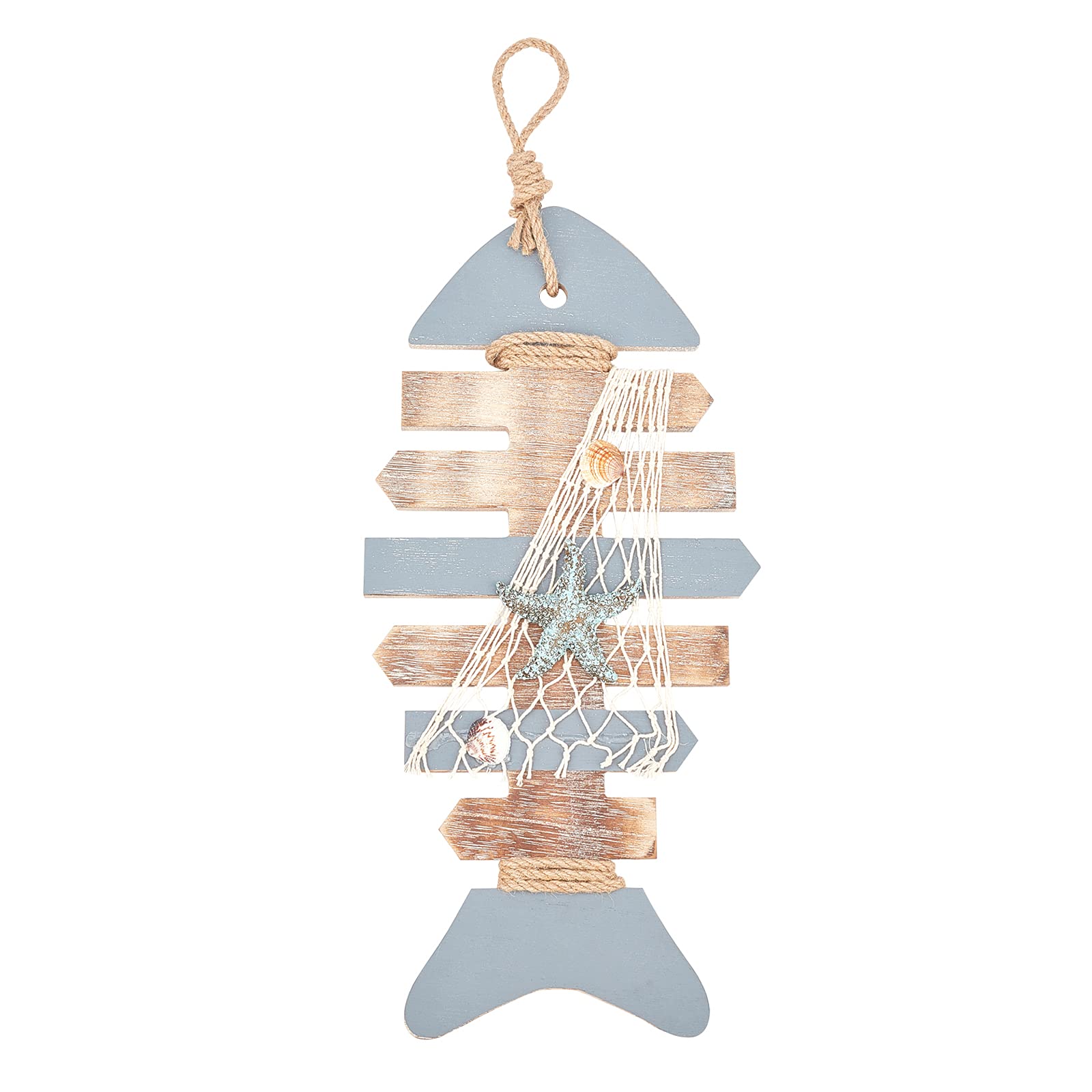 PH PandaHall 50cm/19 Inch Wooden Fish Wall Decor Beach Theme Home Decor Nautical Decoration Fish Bone Wall Decor with Starfish and Shells for Home Holiday House Garden Office Hotel Party, 1pc