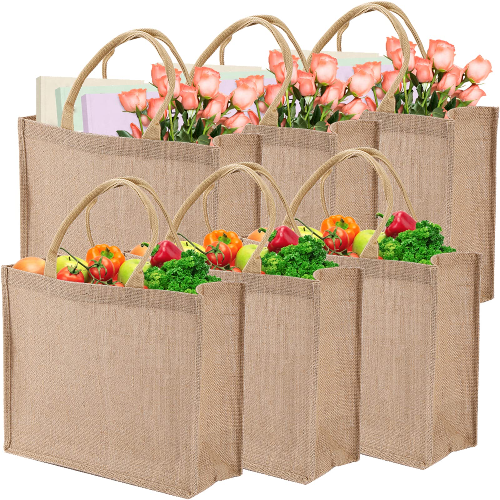 DEAYOU 6 Pack Jute Tote Bag, Burlap Gift Tote with Handle, Grocery Shopping Bag for DIY, Wedding,15.4''x12.2''x5.9''