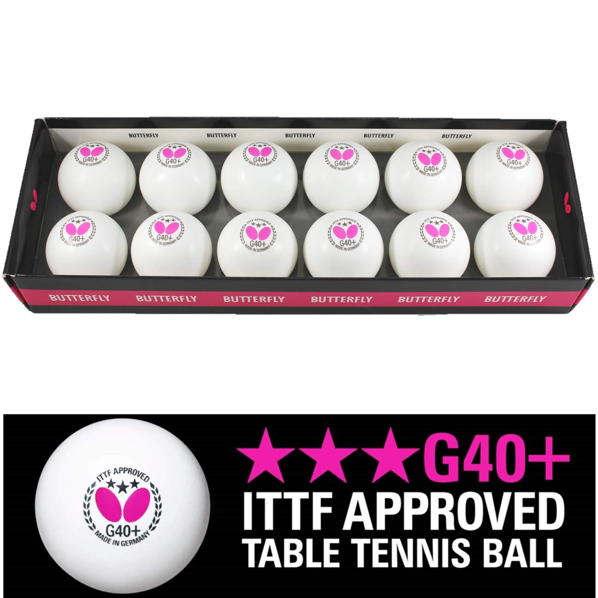 Butterfly G40+ Table Tennis Balls - 40mm White Ping Pong Ball - ITTF Certified Professional Table Tennis Ball- Poly Table Tennis Ball - 3 Pack or 12 Pack