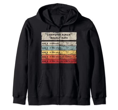 Computer Repair Hourly Rate Vintage Tech Guy IT Support Geek Zip Hoodie