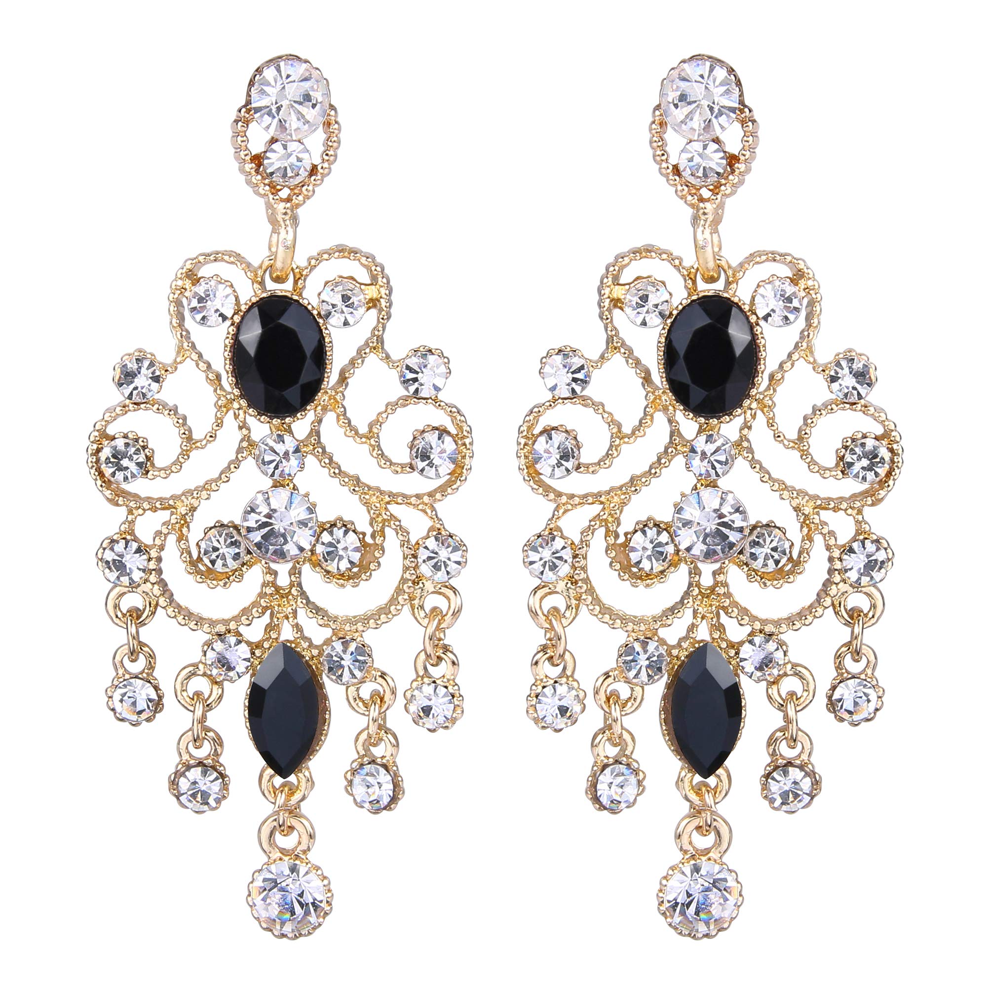 BriLove Wedding Bridal Dangle Earrings for Women Vintage Style Crystal Drop Hollow Filigree Chandelier Dangle Earrings Black Gold-Toned