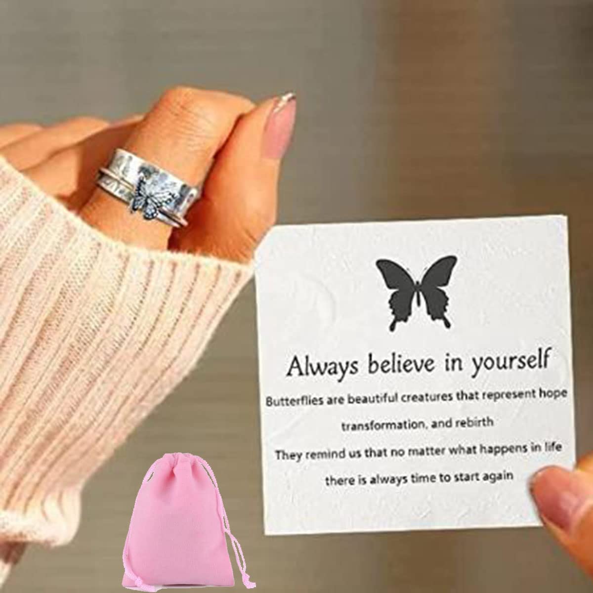 Butterflies Silver Spinner Ring, Fidget Anxiety Relief Rings Personalized Inspirational Gift for Women With Blessing Card Jewelry