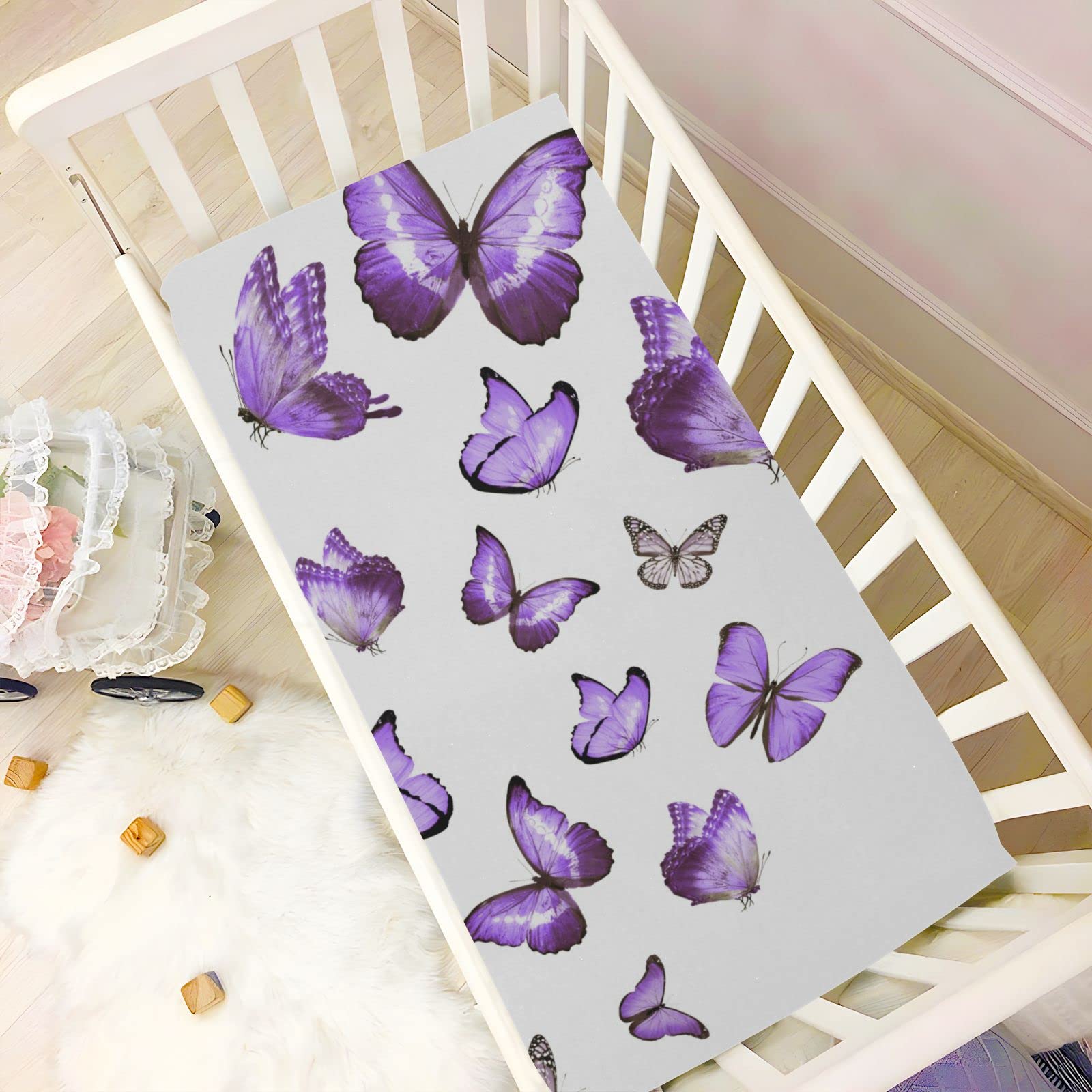 Crib Sheets, Soft Breathable Microfiber Baby Sheet for Standard Size Crib Mattress 28in x 52in, Purple Butterfly(2) Nursery Sheet(226cr2k)