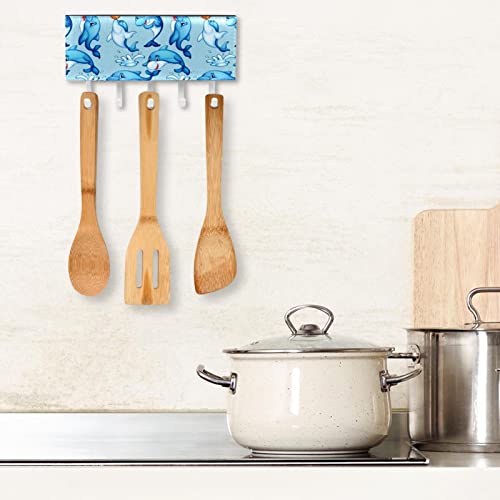 Cute Funny Blue Dolphins Pattern Rack Organizer with 5 Hooks Wall Bathroom Kitchen Shelf Rack Multifunctional Storage Shelf