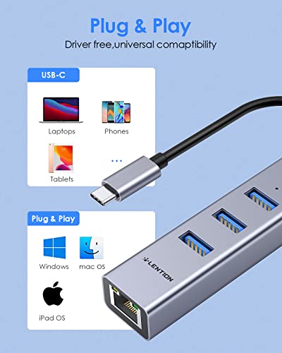 LENTION USB C Hub Ethernet Adapter, 3 USB 3.0 Ports, RJ45 Network Connector for 2023-2016 MacBook Pro, New Mac Air/iPad Pro, Chromebook, More, Stable Driver Certified (CB-C23s, Space Gray)