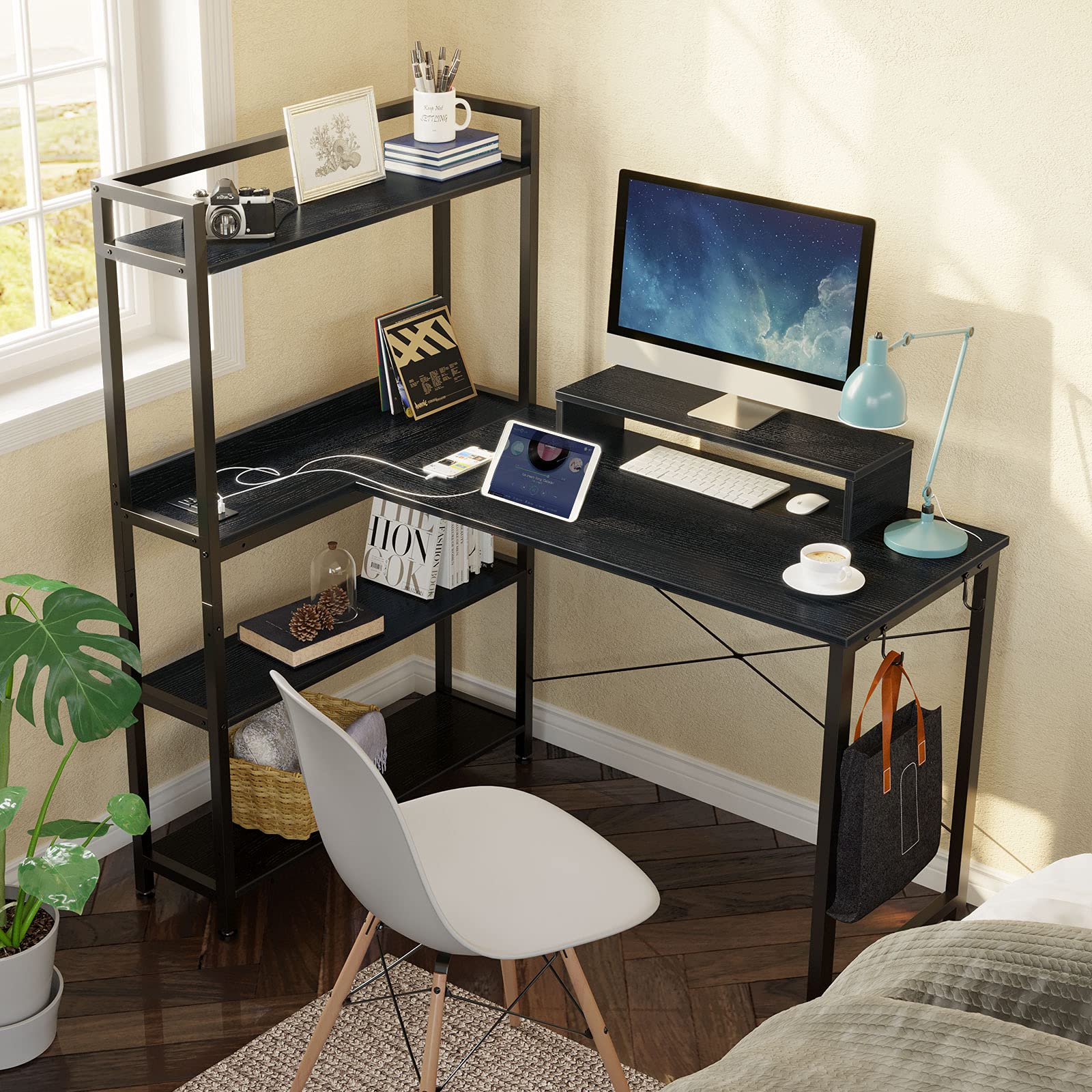 Rolanstar Computer Desk with Shelves, 47 Inch Home Office Desk with Power Outlet, Writing Table Workstation with Monitor Stand and Reversible 4-Tier Bookshelf, Study Corner Desk for Small Space, Black