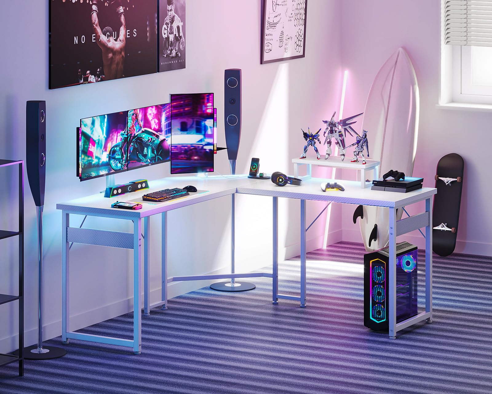 Casaottima L Shaped Gaming Desk, Corner Desk Gaming Table with Monitor Stand for Home Office, Computer Desk for Small Space, White