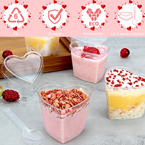 HawHawToys 60 Pack Dessert Cups with Lids and Spoons, 5 oz Heart Shaped Clear Plastic Appetizer Parfait cups for Mother's Day Gift, Wedding, Bridal Shower