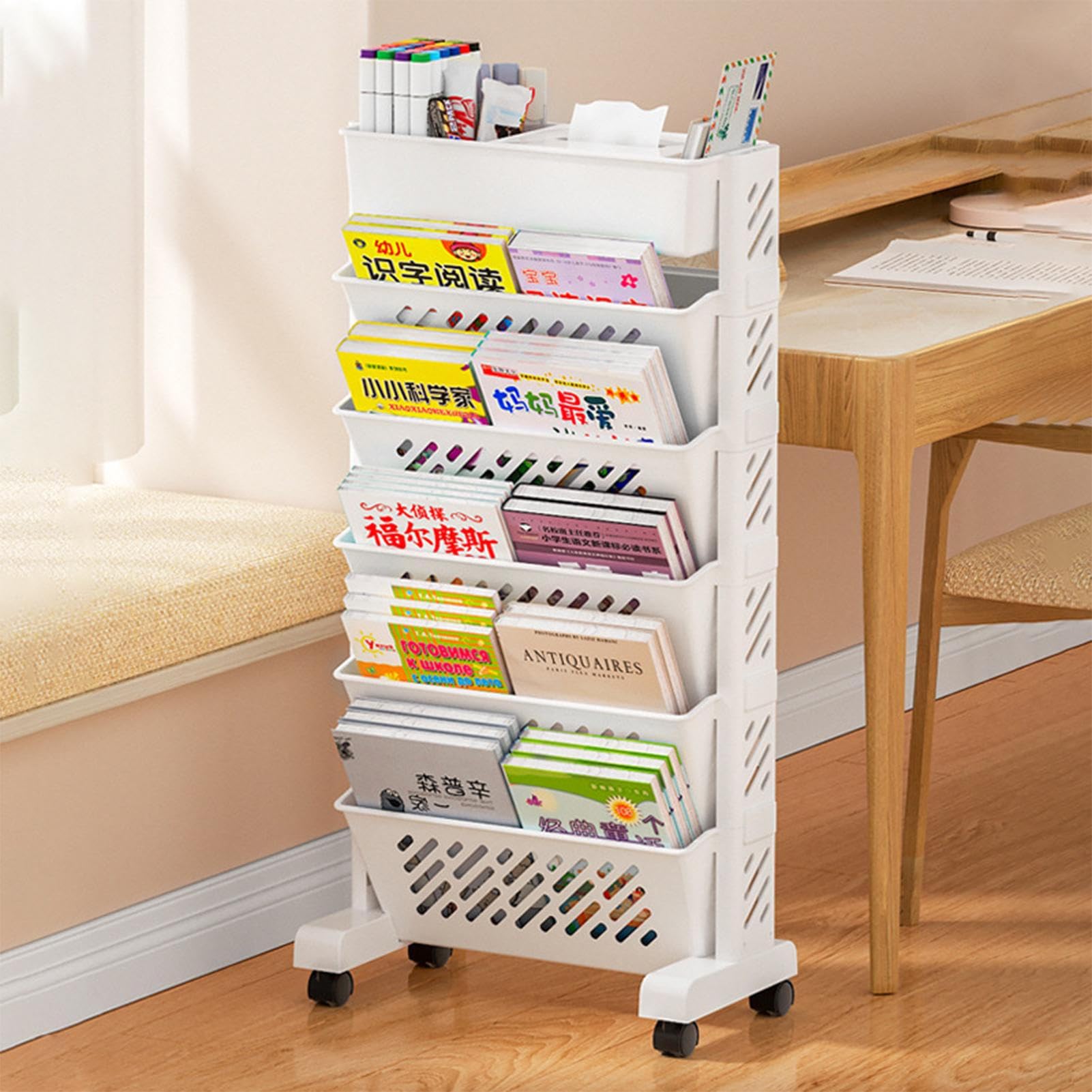 Bookshelf with Wheels, 6 Tier Movable Bookcase Organizer, Rolling Bookcase Organizer, Space Saving Mobile Bookshelf, Multiple Storage Wheeled Shelf, Mobile Book Storage Unit for School Classroom Home