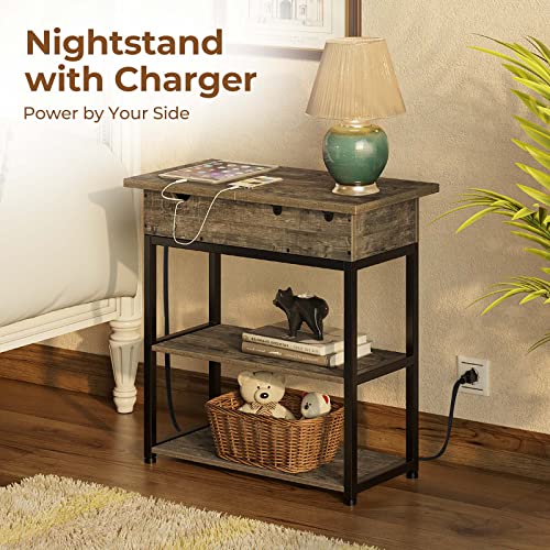 Rolanstar End Table with Charging Station, Narrow Nightstand, Flip Top Side Table with USB Ports and Storage Shelves for Small Spaces, Living Room, Bedroom, Grey