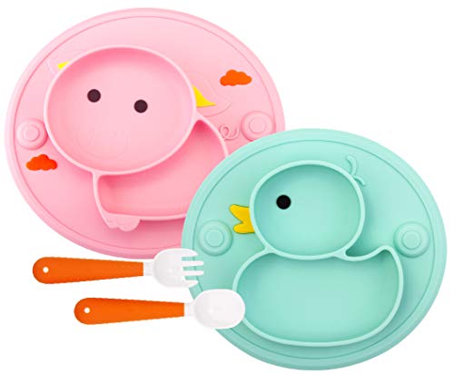 Qshare Toddler Plates, One-Piece Baby Plate for Toddlers and Kids, BPA-Free Strong Suction Plates for Toddlers, Dishwasher and Microwave Safe Silicone Placemat (PigPink/DuckCyan)