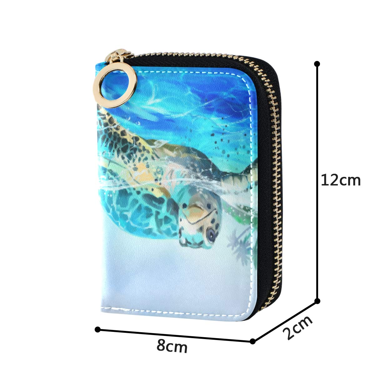 MOYYO RFID Credit Card Holder Case Watercolor Drawing Sea Turtle Leather Printed Zipper Card Case Wallet for Women Girls
