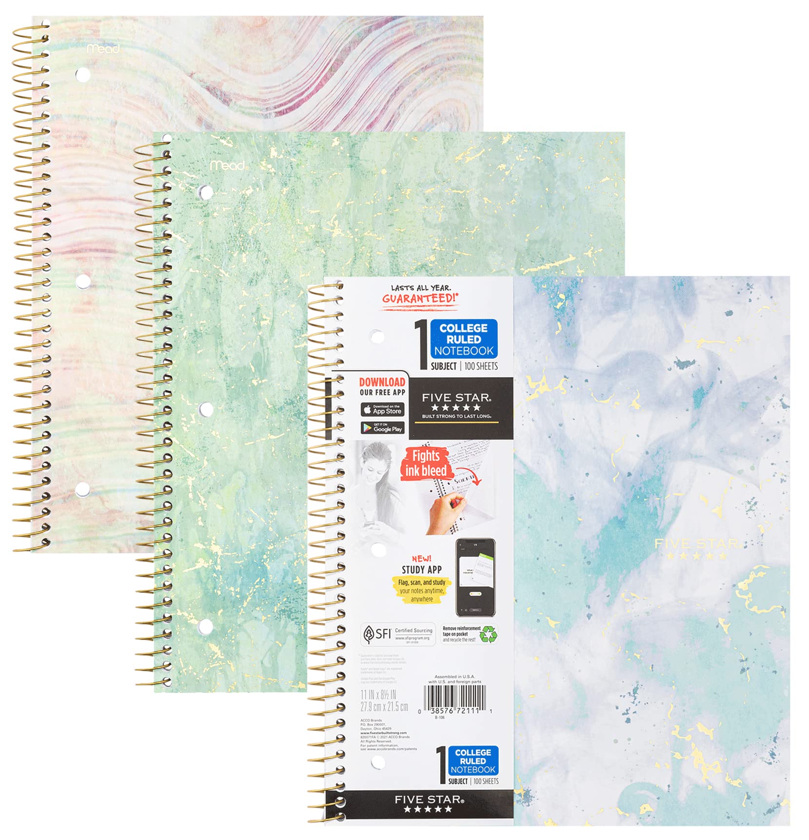 Five Star Spiral Notebooks, 1 Subject, College Ruled, 11" x 8-1/2", Cute Designs Bright Colors, 3 Pack, Design May Vary.
