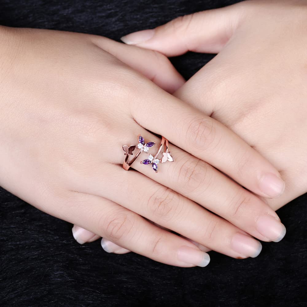 Butterfly Ring Sparkly Cubic Zirconia Bow-Knot Knuckle Ring for Women Girls Adjustable Stackable Open Ring-Rose Gold