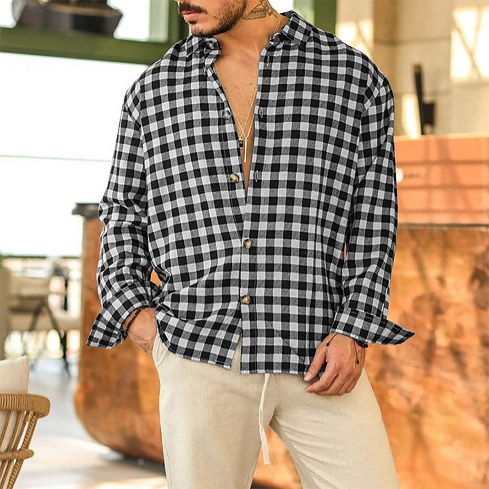 Button Up Shirt Men,Flannel Brushed Plaid Button Down Long Sleeve Coat Wool Plaid Shirt Coats Shirt Autumn and Winter