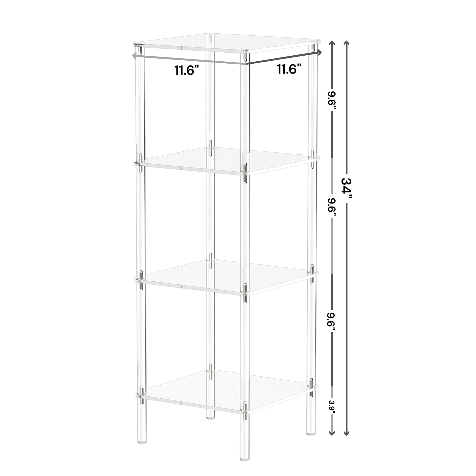 CRTERICX 4 Tier Square Acrylic Bookshelf, Small Bookcase with Acrylic Fittings for Fixing to Wall, Corner Display Shelf for Living Room, Bedroom, Bathroom, Small Spaces, Clear, 11.6'' W x 34'' H