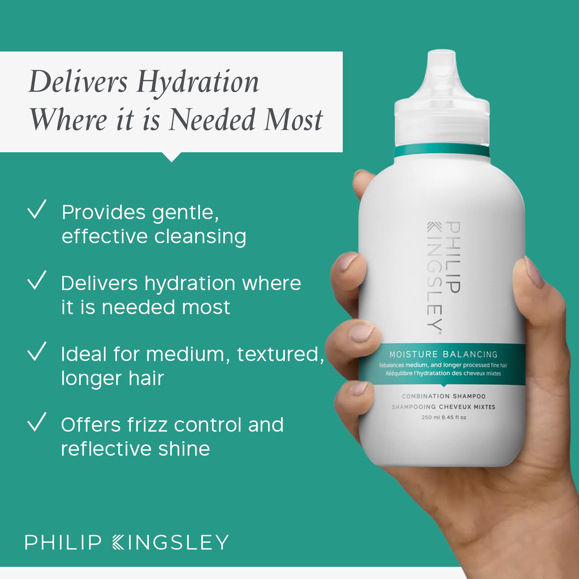 Philip Kingsley Moisture Balancing Combination Shampoo Hydrating for Dry Oily Hair, Hydration Anti-Frizz Anti-Oxidant Shampoo Gentle Cleansing Hydrates Adds Shine, 8.45 oz