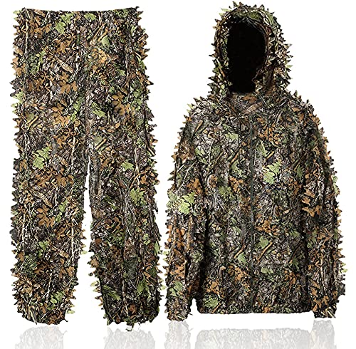 Ghillie Suit 3D Leafy Camo Suit Youth Adult Lightweight Hunting Camouflage Suits Turkey Camo Hunting Gear Camo Clothing Hooded Apparel Gilly Suit for Hunting Shooting Airsoft Wildlife Photography