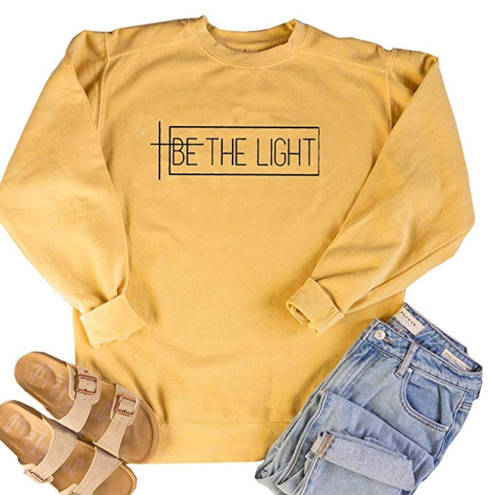 Be The Light Letters Print Sweatshirt Women Long Sleeve Crew Neck Christian Pullover Shirt Tops (Yellow, Medium)