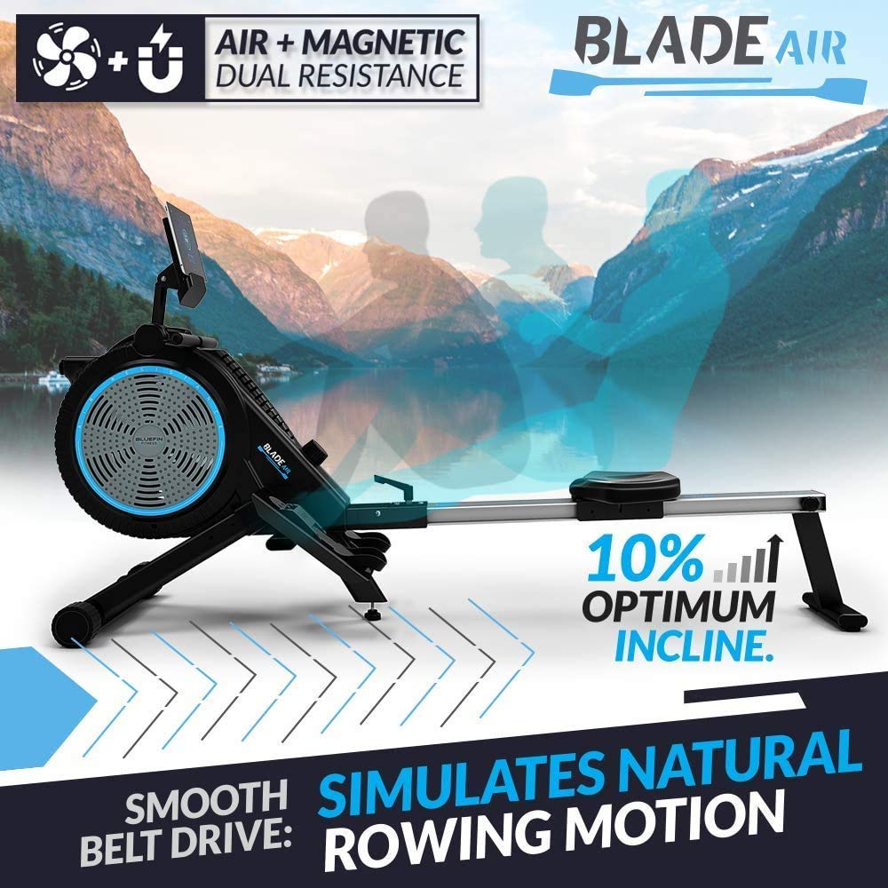 Bluefin Fitness Blade Air Rowing Machine | Home Use Foldable | Dual Magnetic + Air Resistance Rower | Kinomap | Live Video Streaming | Video Coaching & Training | LCD Digital Console | Smartphone App