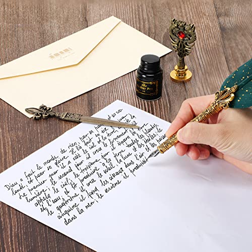 Karhood Quill Pen and Ink Set - Feather Calligraphy Dip Pen with Wax Seal Stamp Kit and 5 Nibs (Dark Green)