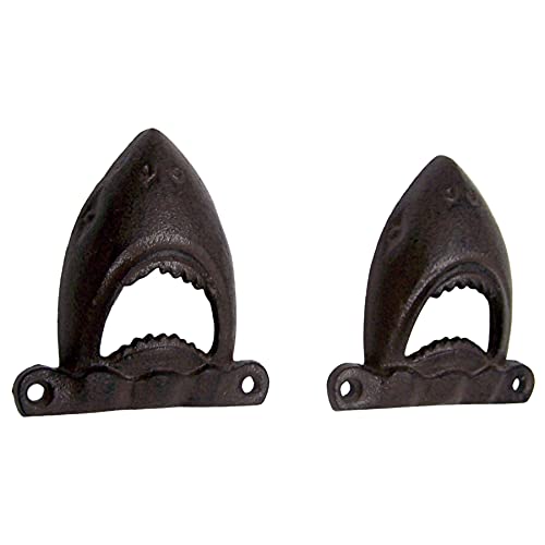 Cast Iron Shark Head Bottle Openers, Wall Mounted, Nautical Bar Décor, Set of 2, 3.5 Inches