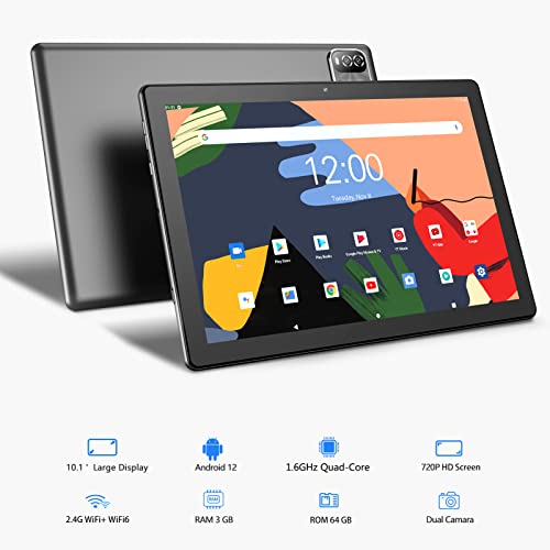 PRITOM M20 10'' Tablet with Case, Android 12 Tabletas, 3G RAM, 64 GB ROM, 512 GB Expandable, Quad-Core 1.6GHz Processor, 6000mAh, HD IPS Touchscreen, Dual Camera, WiFi 6, Bluetooth, FM, USB C